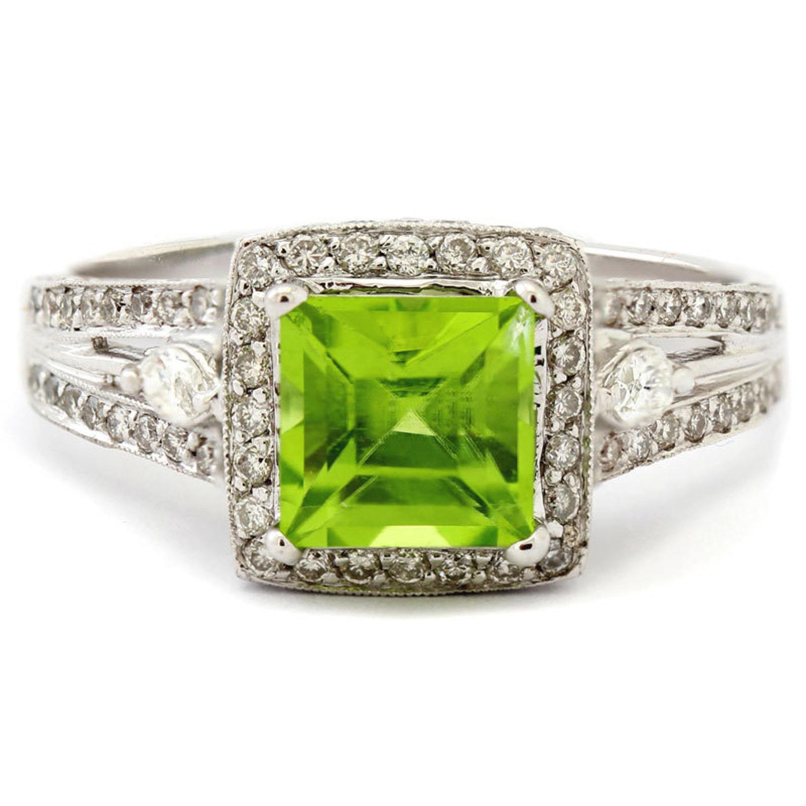 Princess Cut Peridot & Diamonds Antique Style Engagement Ring PAR100 - Etsy