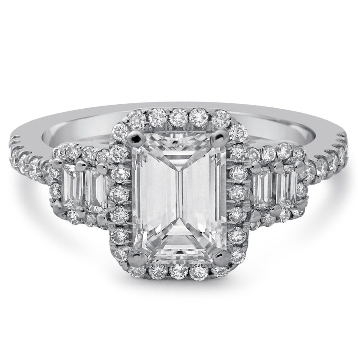 Emerald Cut Diamond Engagement Ring With Baguette & Round Cut Diamonds ...