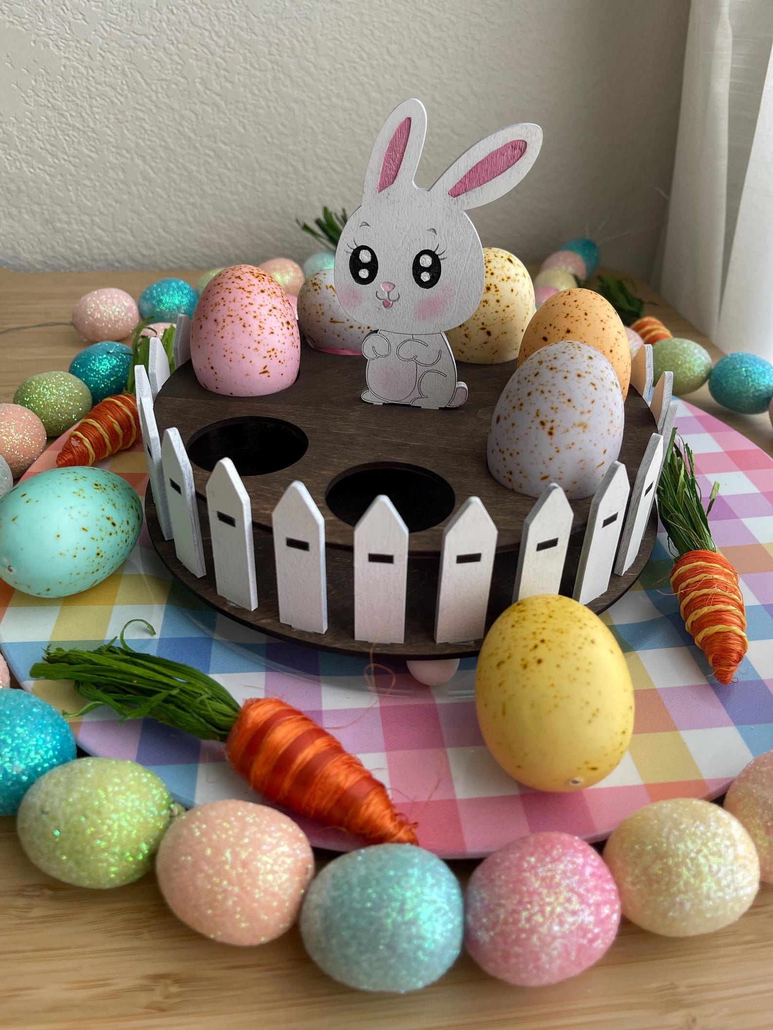 Laser Cut Wooden Easter Egg Holder: Bunny & Picket Fence Decor - Etsy