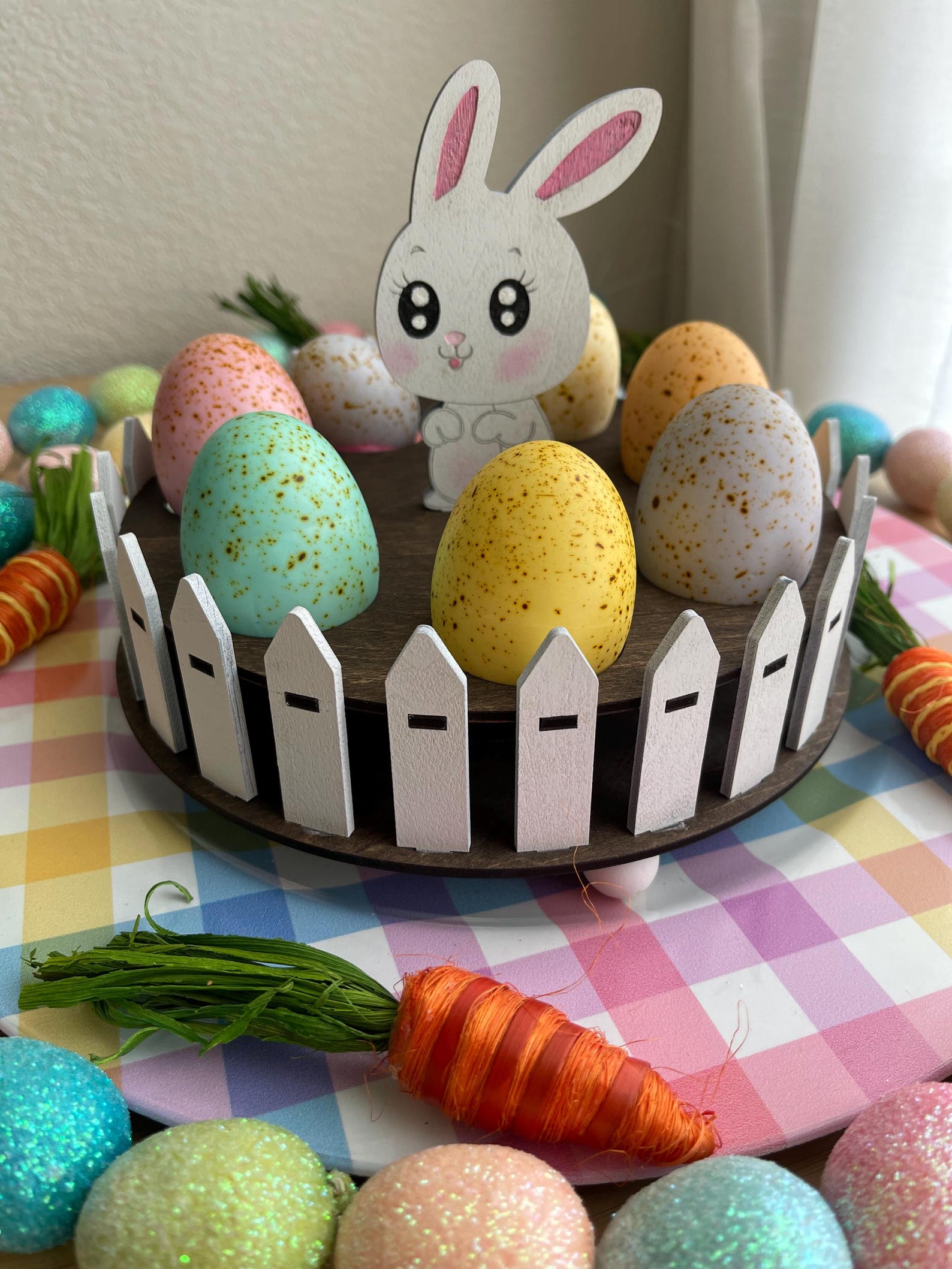 Laser Cut Wooden Easter Egg Holder: Bunny & Picket Fence Decor - Etsy