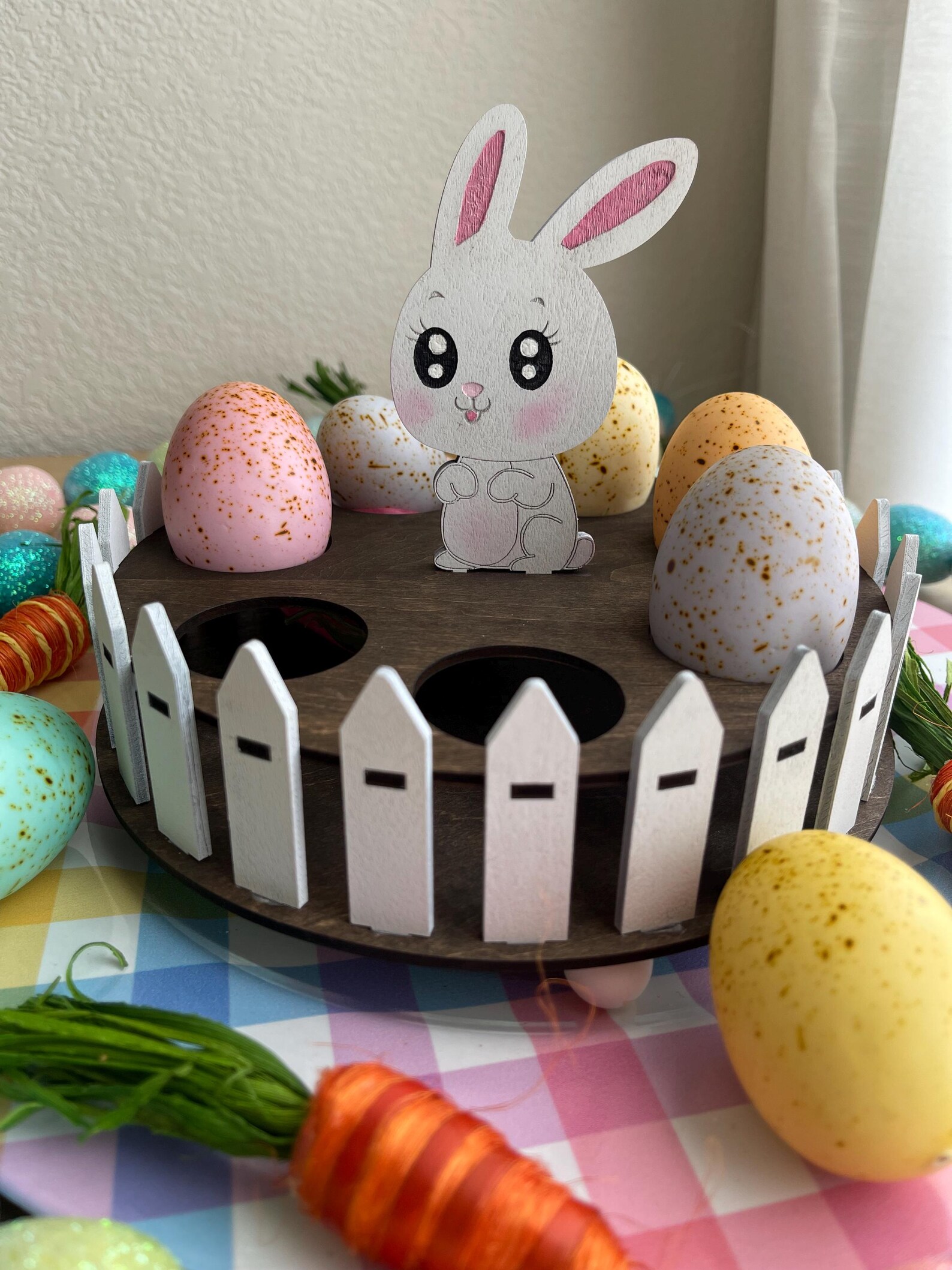 Laser Cut Wooden Easter Egg Holder: Bunny & Picket Fence Decor - Etsy