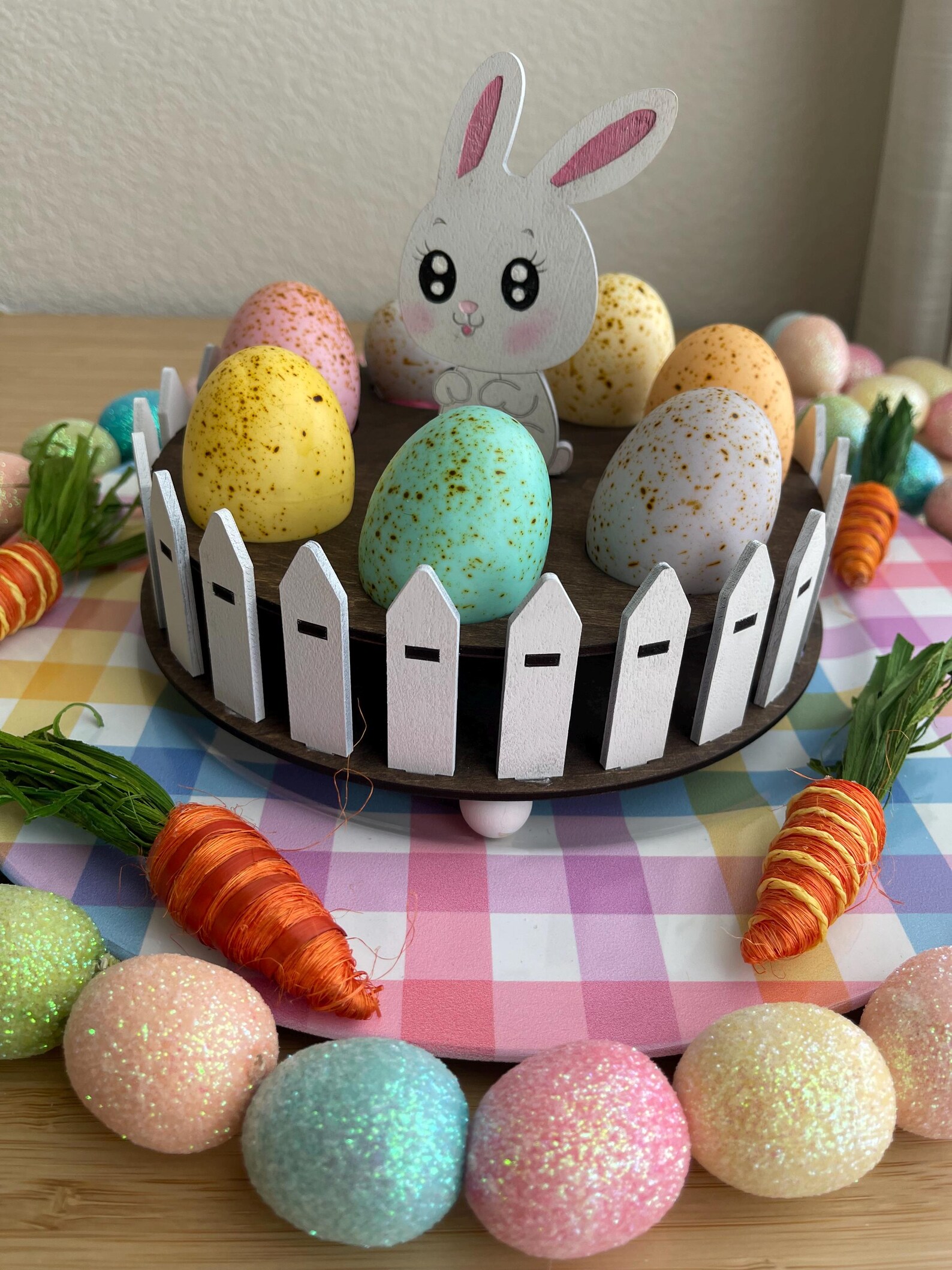 Laser Cut Wooden Easter Egg Holder: Bunny & Picket Fence Decor - Etsy