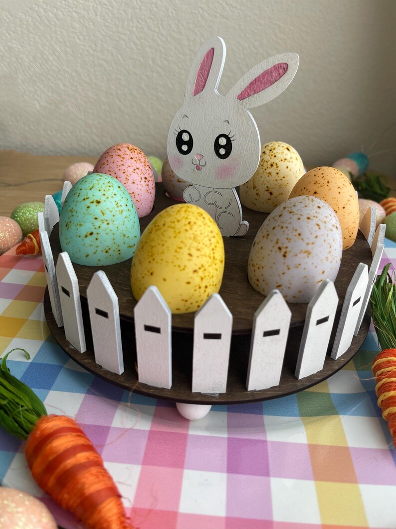 Laser Cut Wooden Easter Egg Holder: Bunny & Picket Fence Decor - Etsy