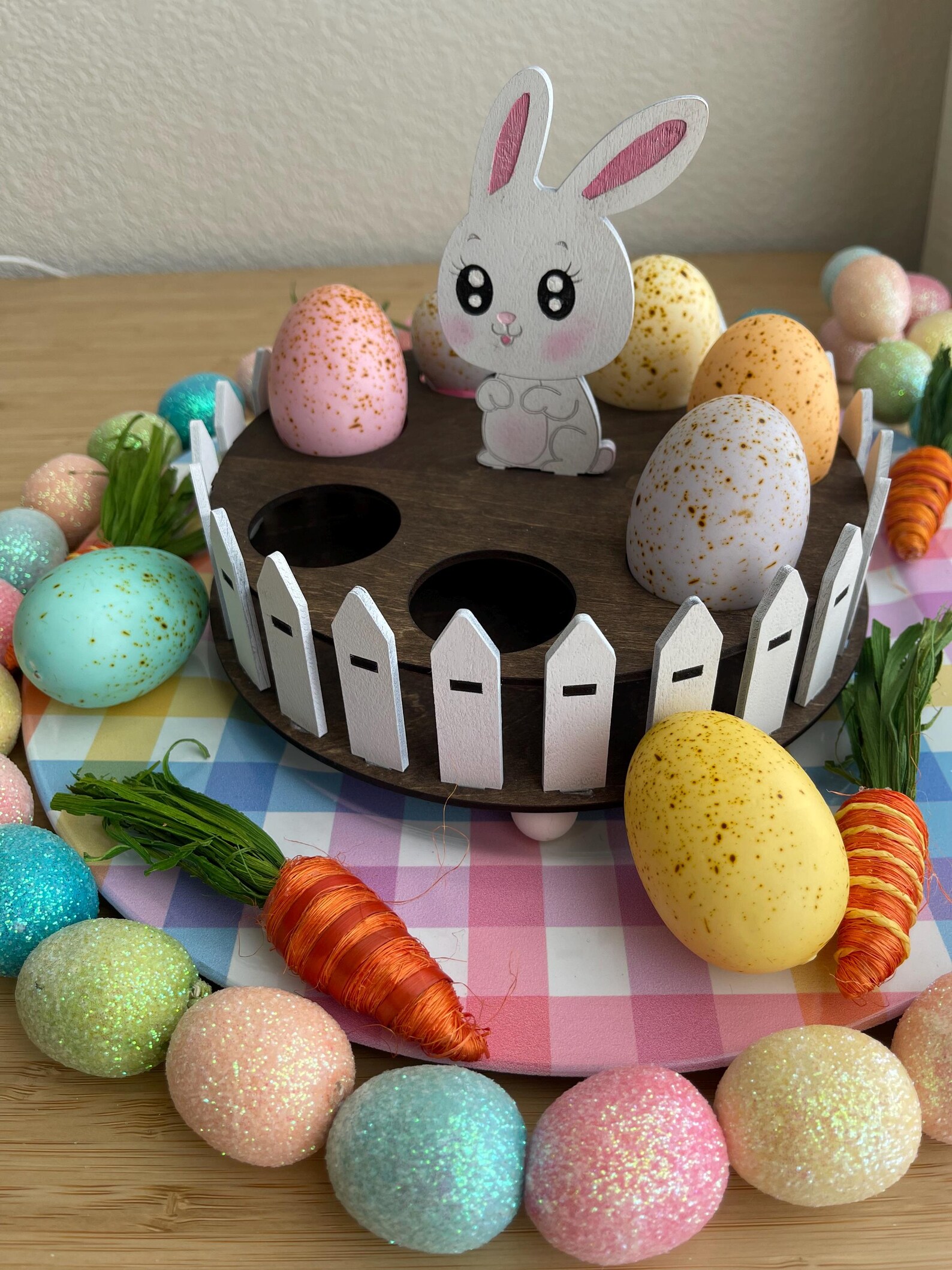 Laser Cut Wooden Easter Egg Holder: Bunny & Picket Fence Decor - Etsy