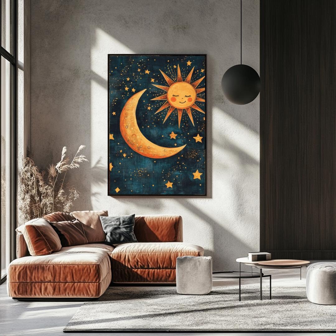 Boho Sun Moon Stars Print - Celestial Wall Art, Mystical Bohemian Decor ...