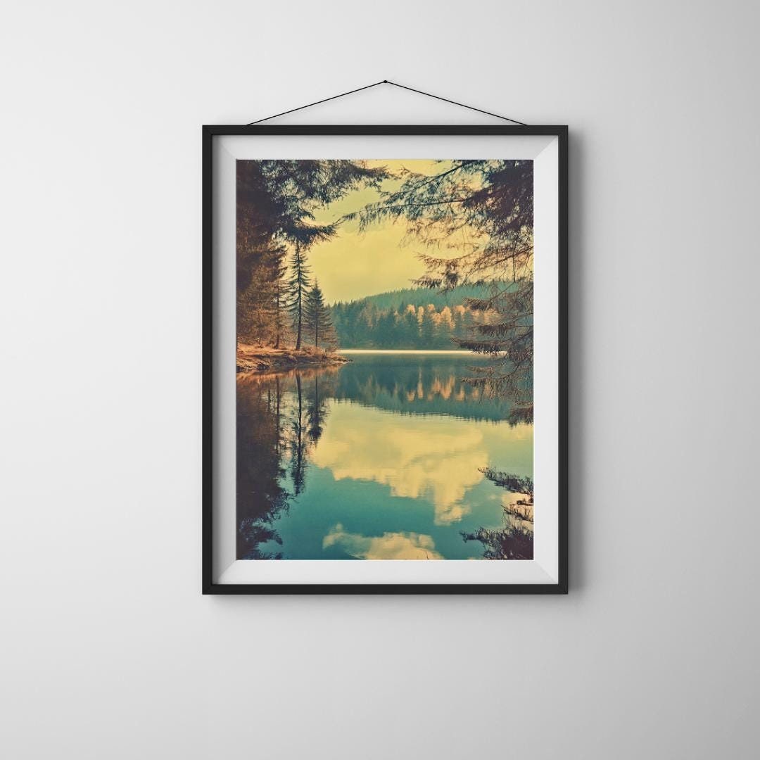 Rustic Lake Landscape Art - Vintage Nature Scene, Peaceful Water Decor ...