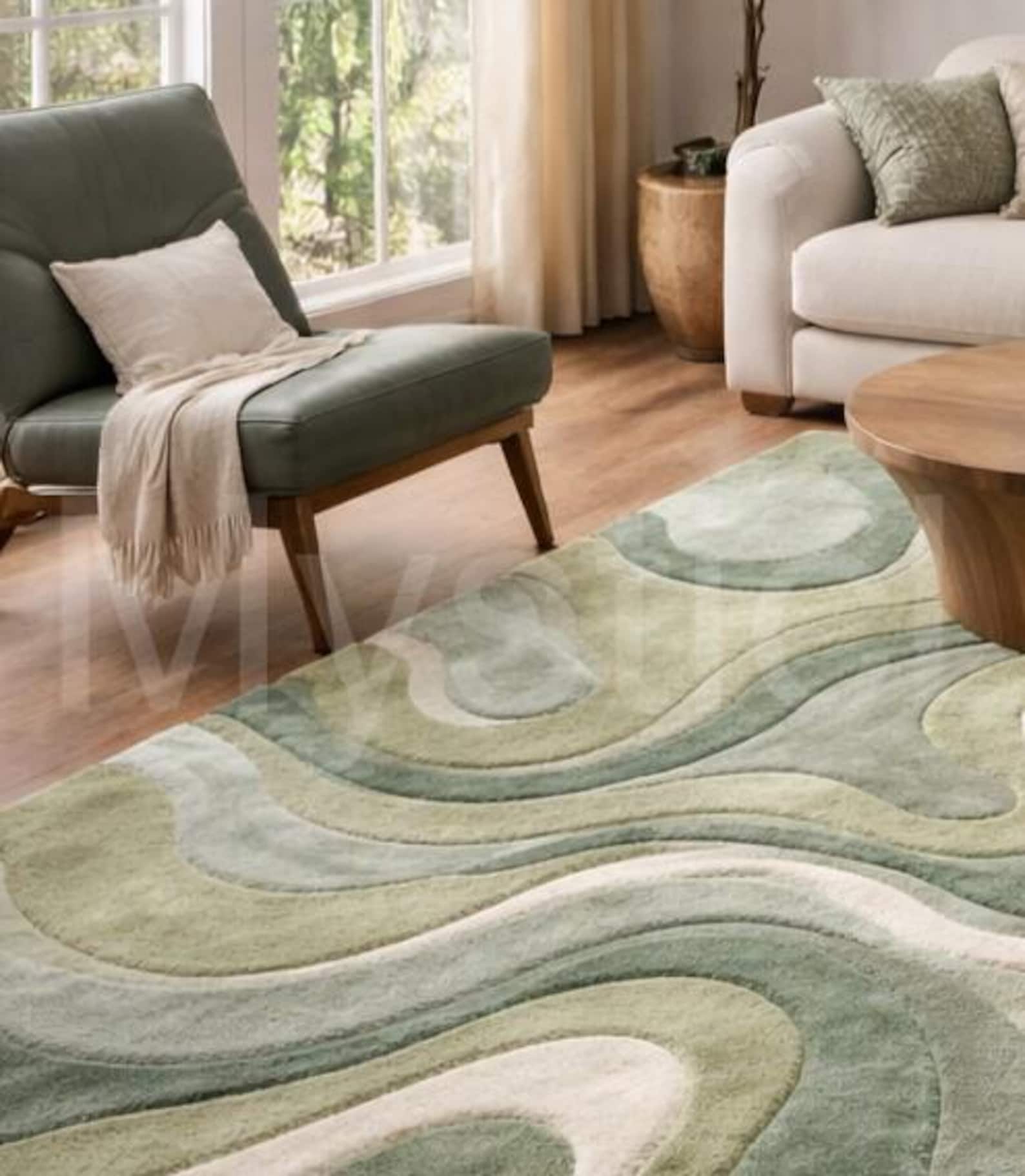 Hand Tufted Moss Green Abstract Area Rug, Modern Organic Sage Living ...