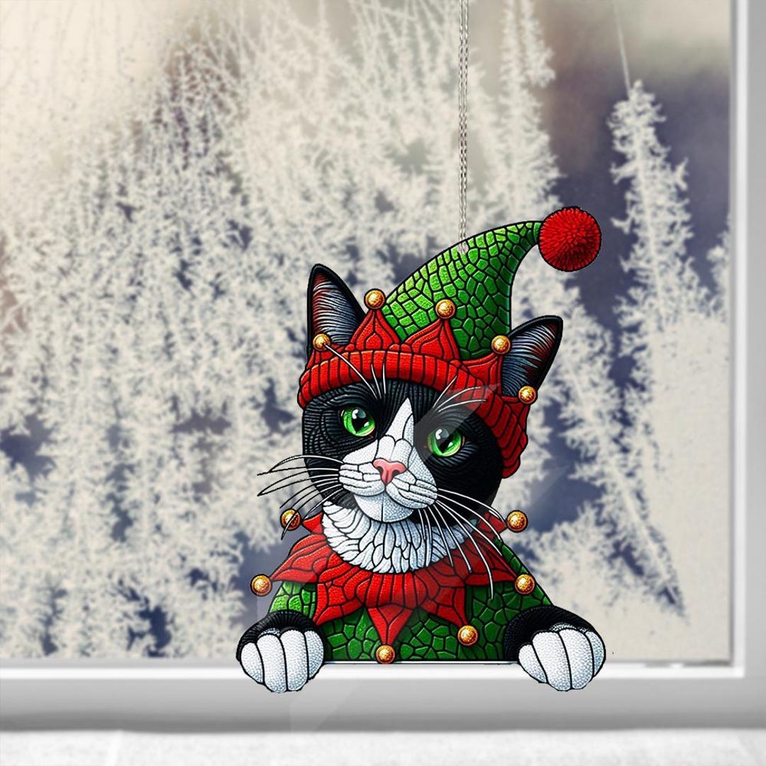 Christmas Tuxedo Cat Elf Costume Peeking ACRYLIC Window Hanging, Tuxedo ...