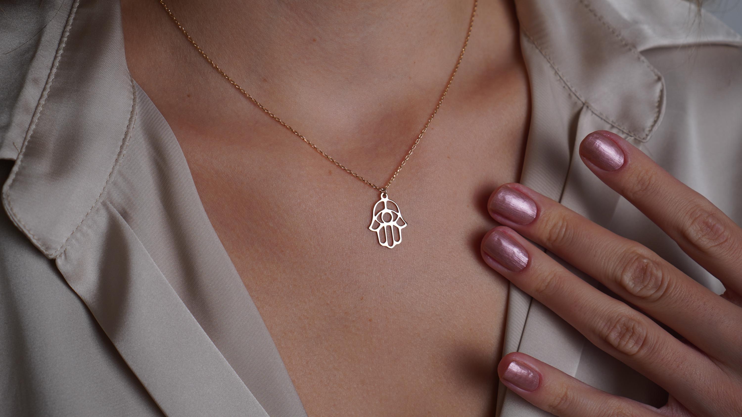14K Solid Gold Hamsa Necklace, 14K Gold Hamsa Hand Pendant, Evil Eye ...