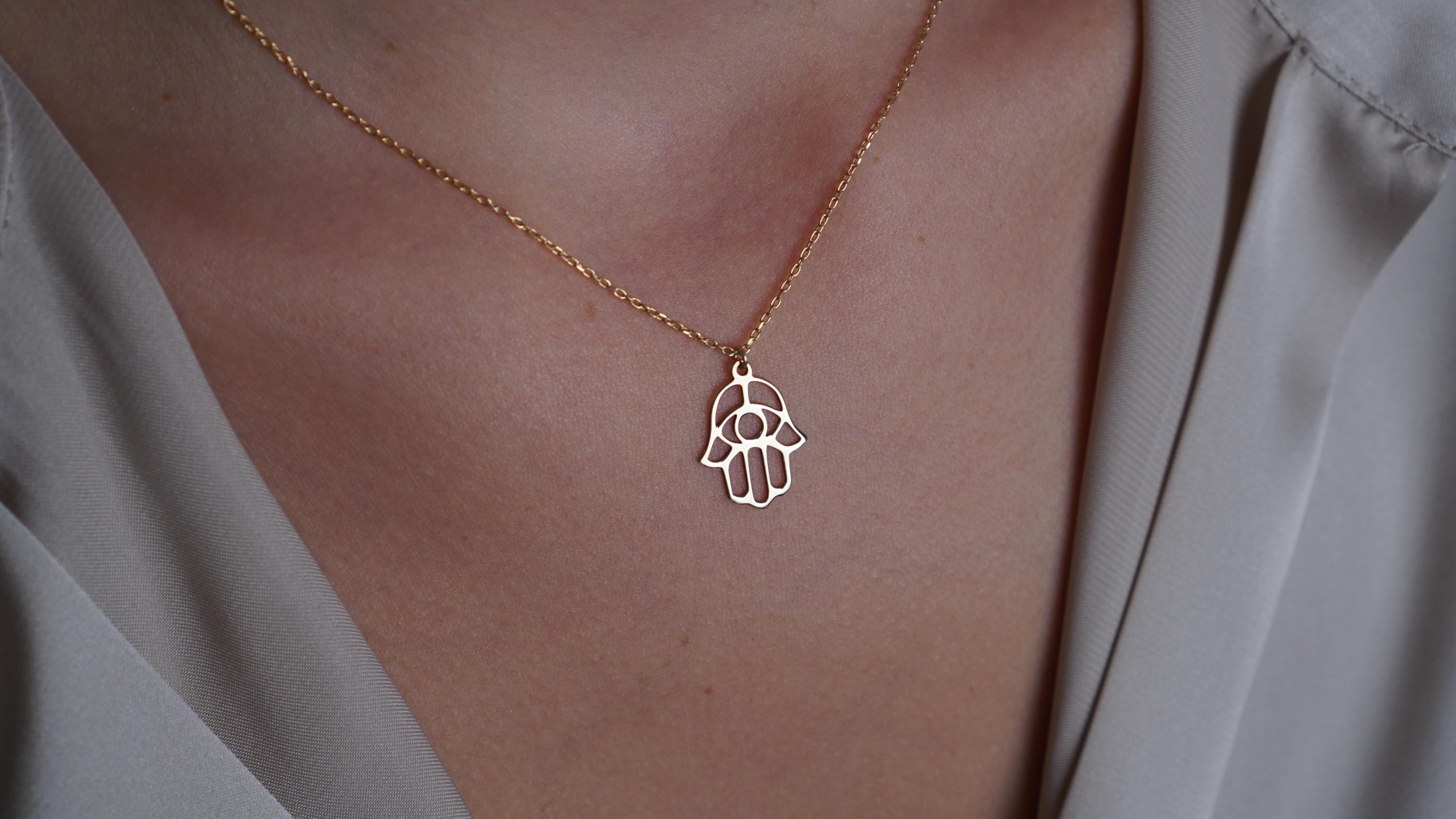 14K Solid Gold Hamsa Necklace, 14K Gold Hamsa Hand Pendant, Evil Eye ...
