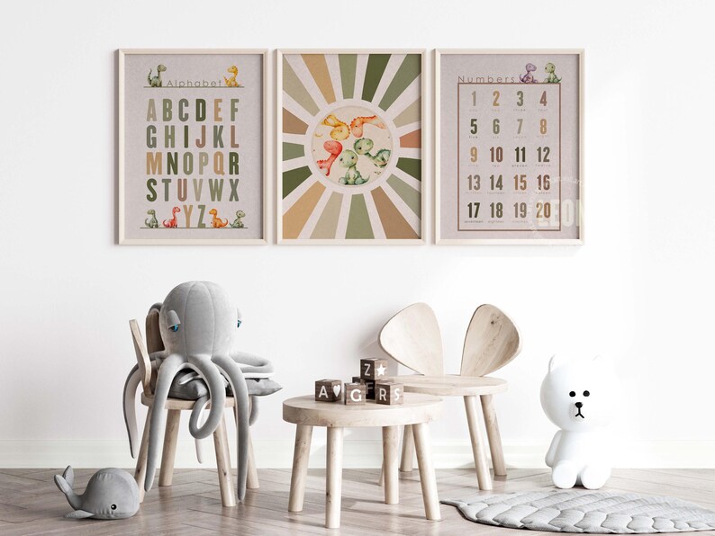 Abc 123 Posters, Educational Poster Set of 3, Dinosaur Print Set ...