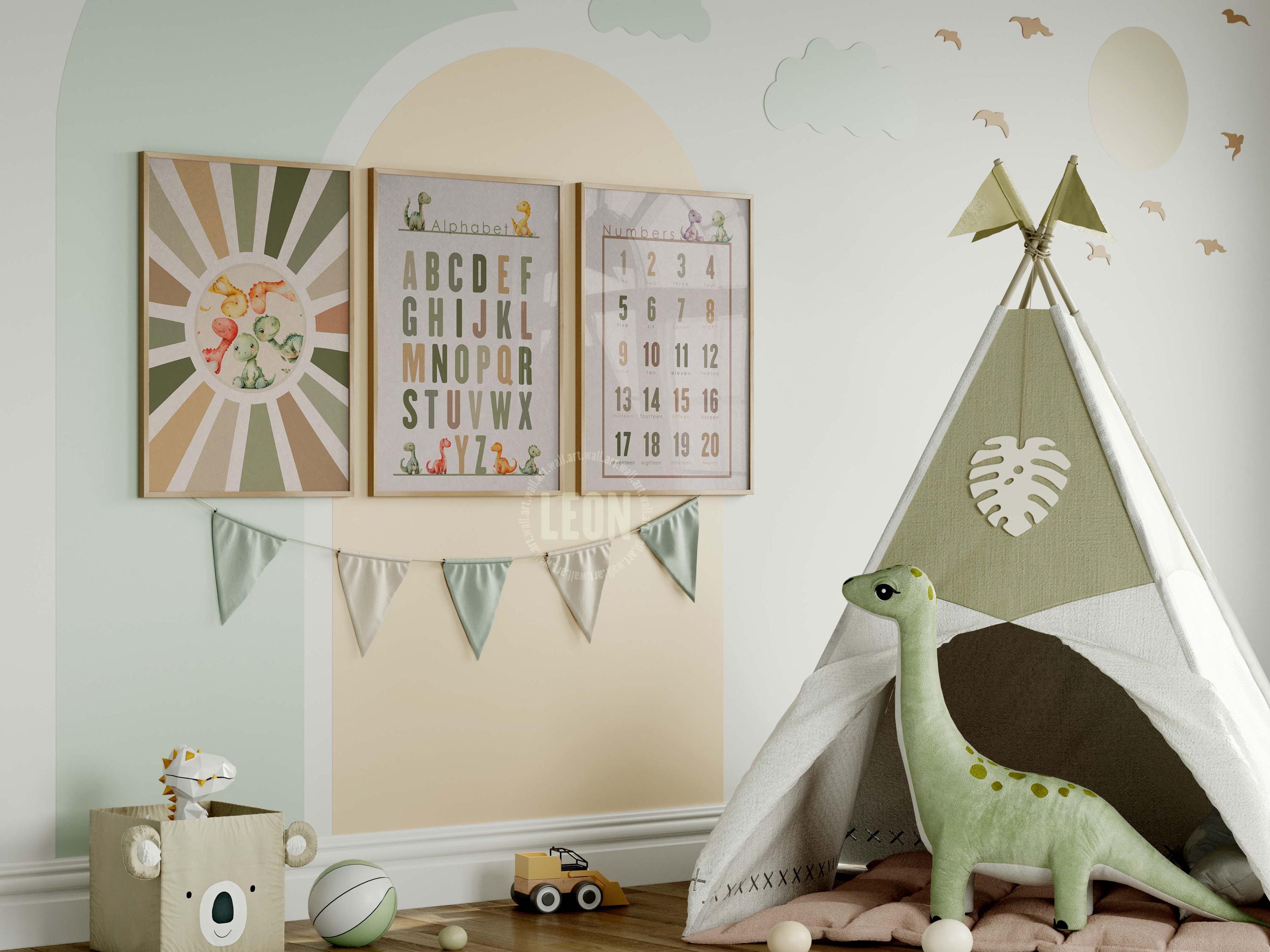 Abc 123 Posters, Educational Poster Set of 3, Dinosaur Print Set ...