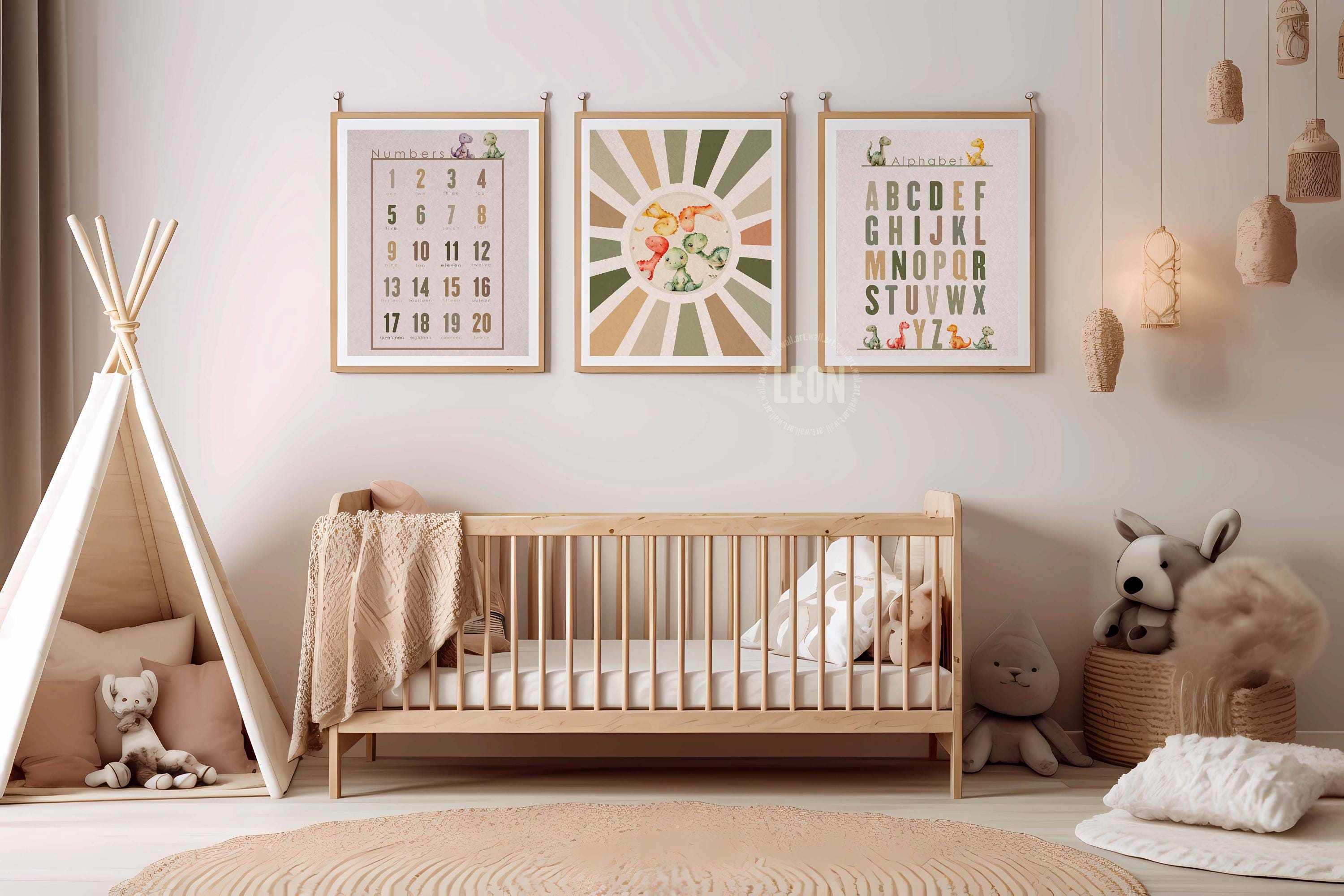 Abc 123 Posters, Educational Poster Set of 3, Dinosaur Print Set ...