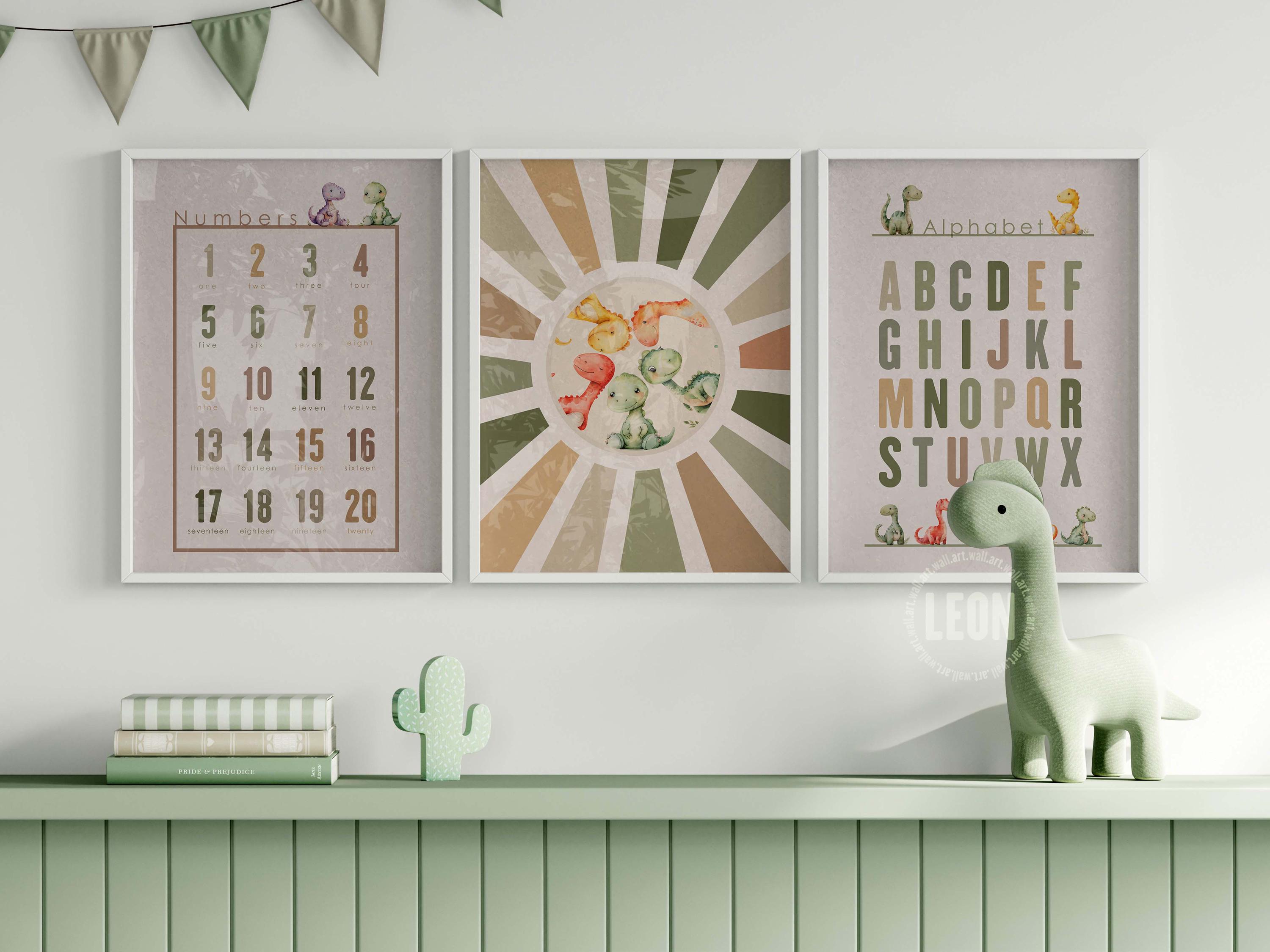 Abc 123 Posters, Educational Poster Set of 3, Dinosaur Print Set ...