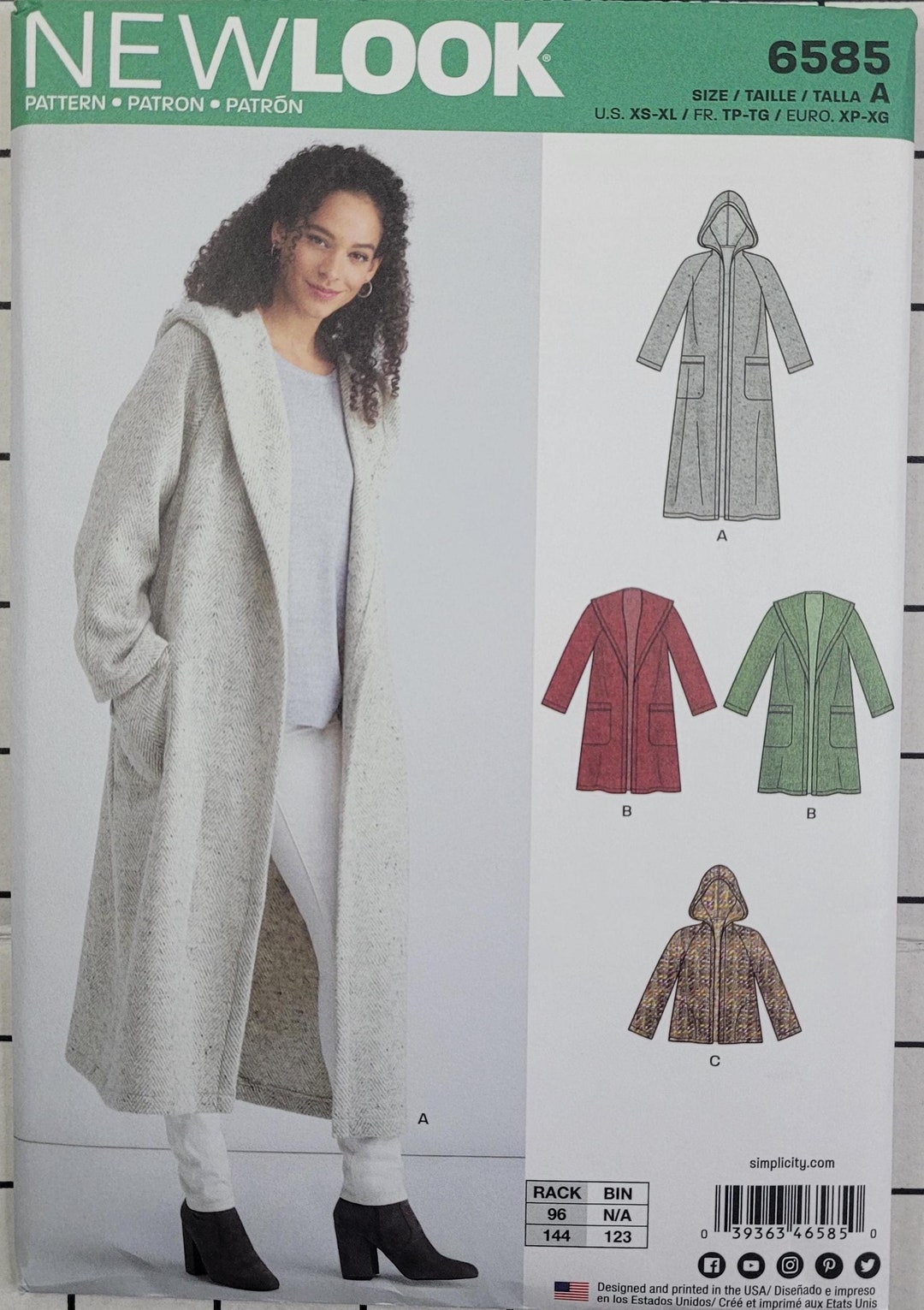 Uncut New Look Sewing Pattern 6585 Misses Coat With Hood Length ...