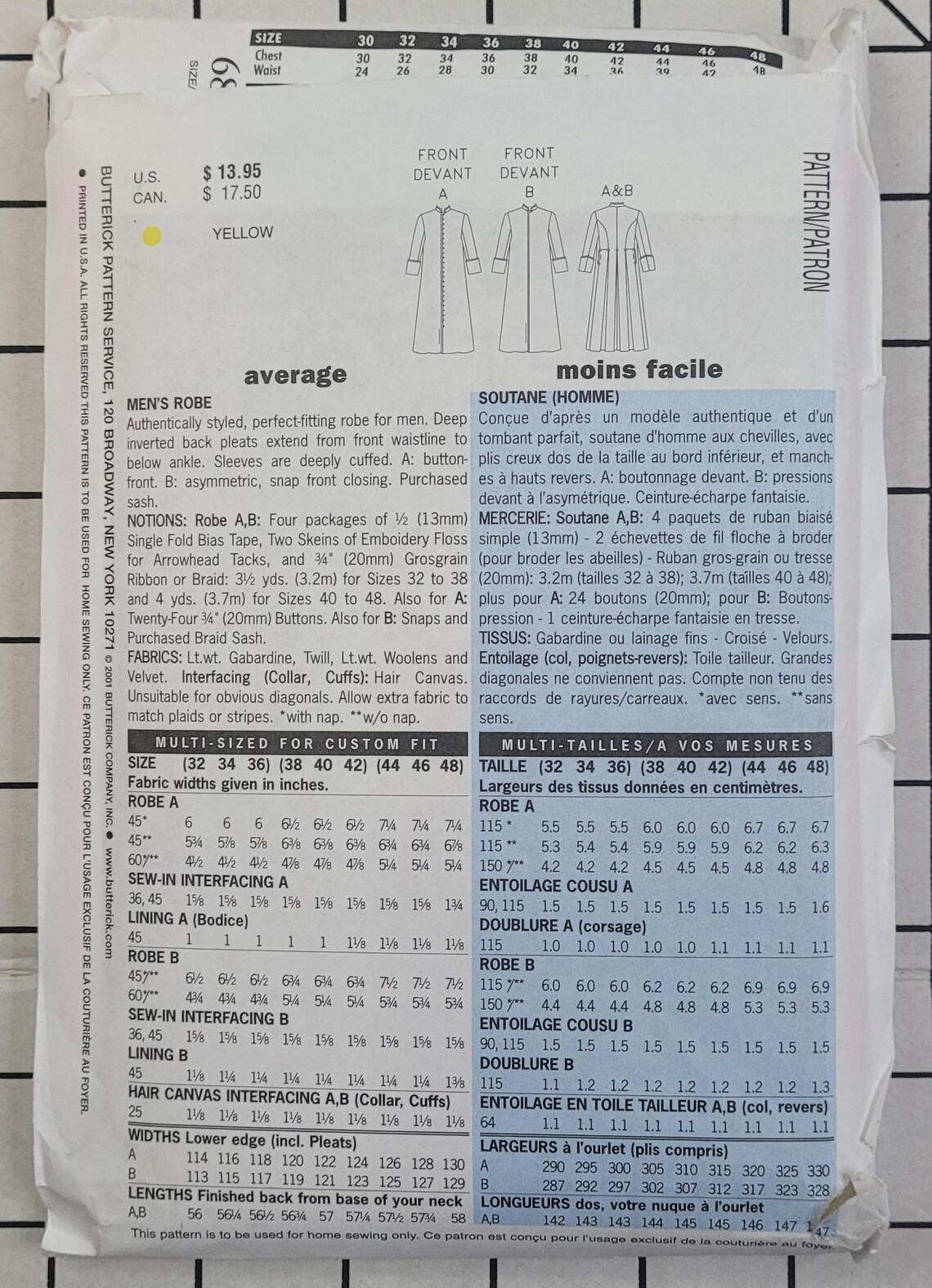 RARE Uncut Butterick Sewing Pattern 6844 Men's Religious Priest Clergy ...