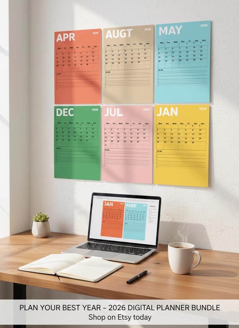 Retro Colorful 2026 Calendar - Planner Set – 12‑month Wall Calendar ...