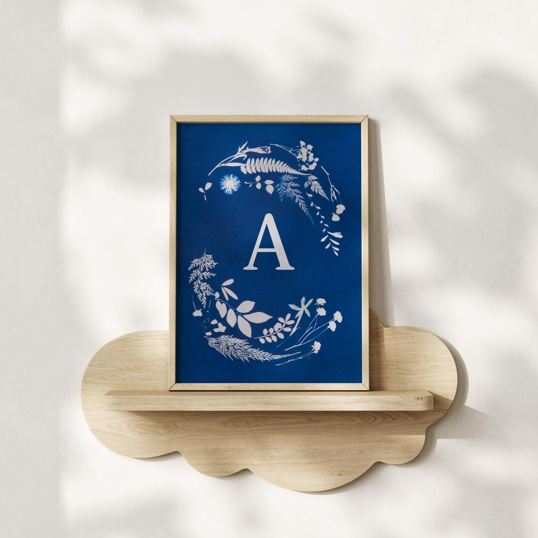 Personalized Botanical Letter Art Print: Cyanotype Style, Nature ...