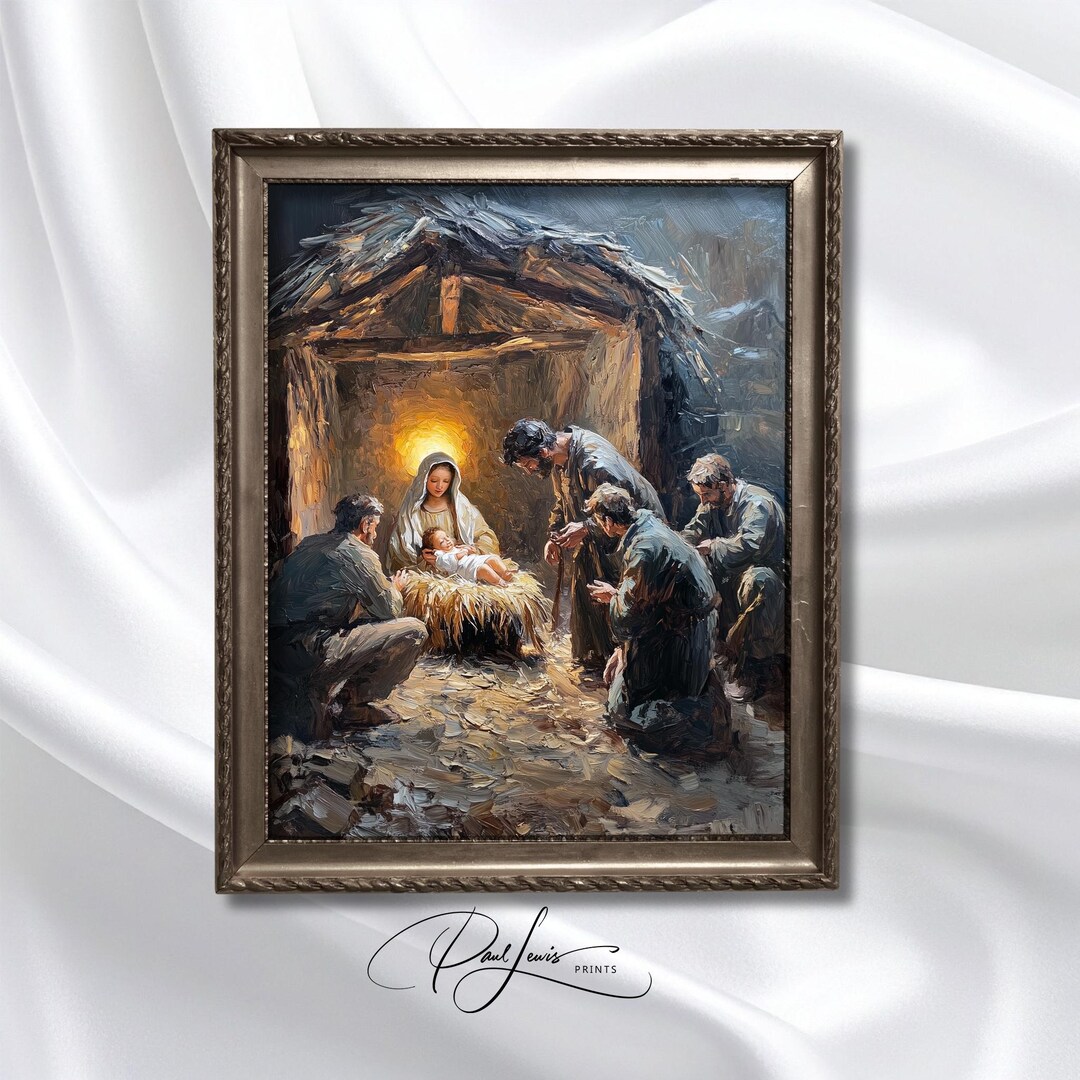 Rustic Nativity Scene Painting Print - Cozy Traditional Christmas Art ...