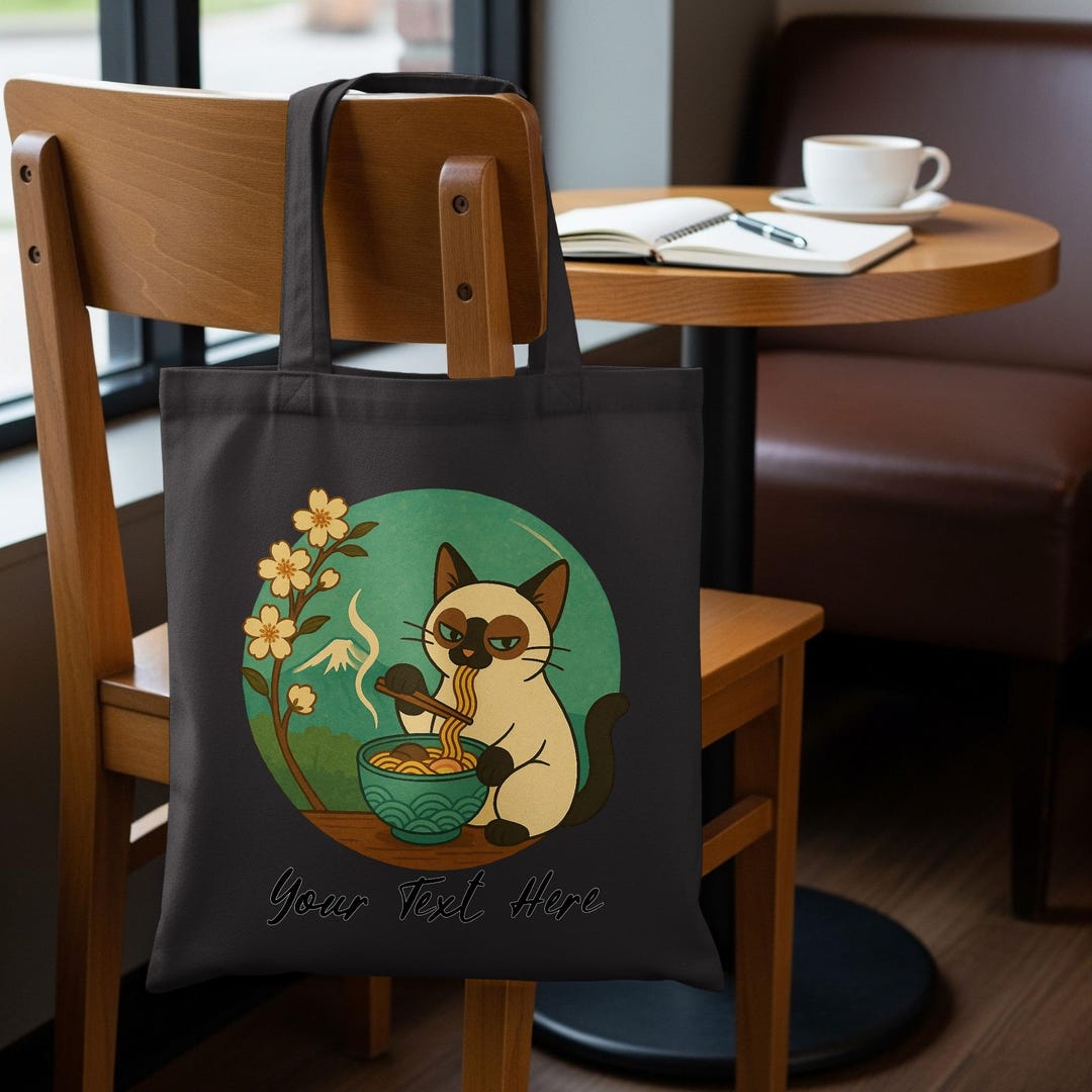 Siamese Cat Tote Bag, Ramen Lover Tote, Custom Text Cat Art Bag, Cute ...