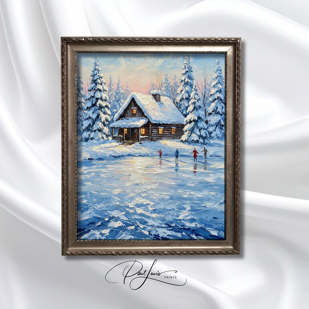 Rustic Winter Cabin Painting With Children Skating, Cozy Snow Scene ...