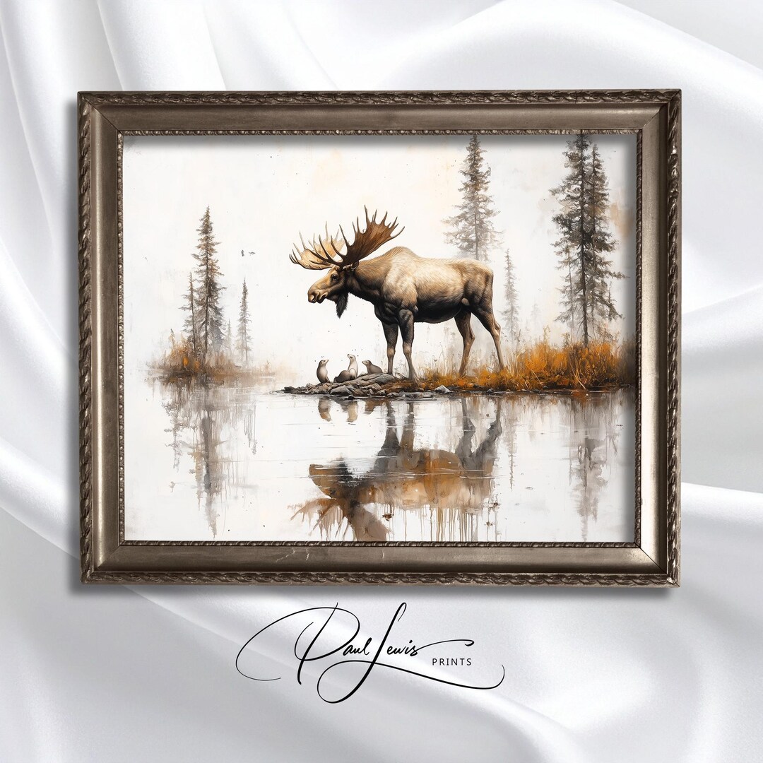 Rustic Moose Oil Painting Print - Cold Northern Lake & Shoreline ...