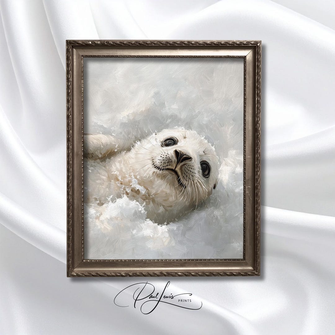 Cute Harp Seal Pup Portrait - Realistic Winter Nursery Wall Art ...