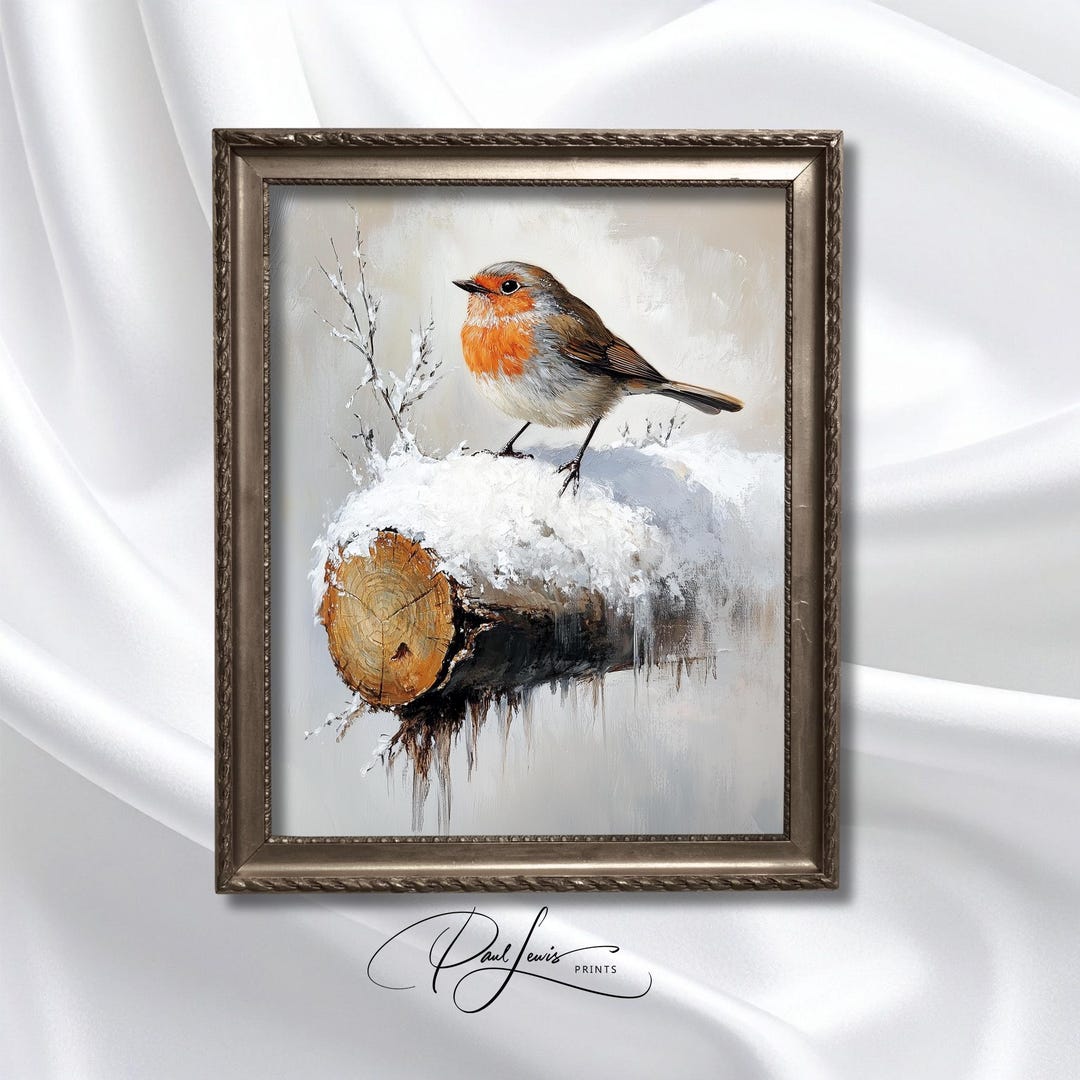 Rustic Robin on Snowy Log Painting - Winter Cottagecore Art, Cozy ...