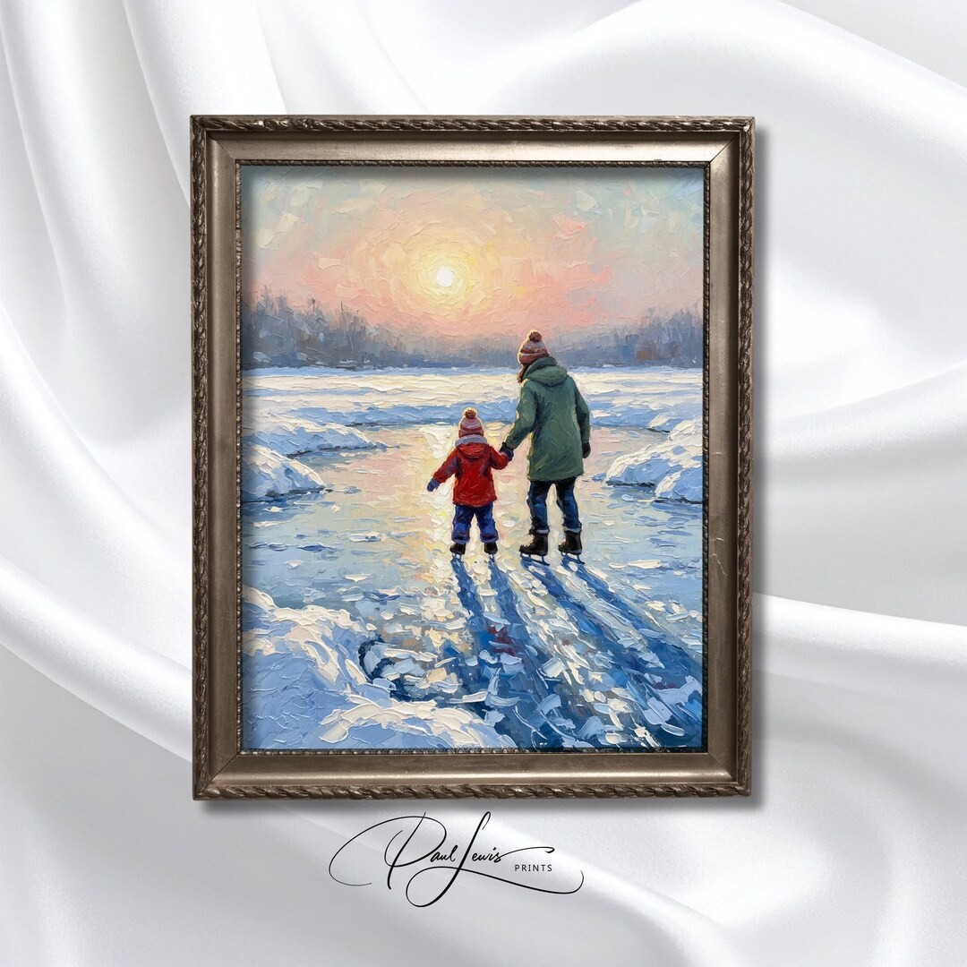 Oil Painting of Mother and Child Skating - Cozy Winter Scene ...