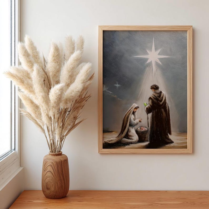 Nativity Scene Oil Painting - Classic Christmas Wall Art, Traditional ...