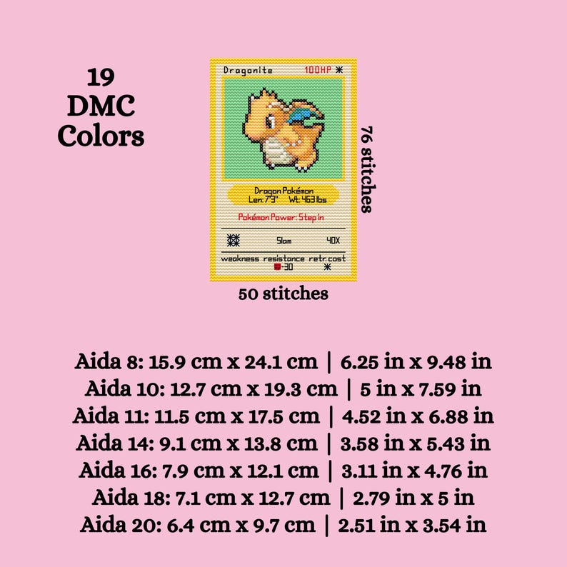 Dragonite Card Cross Stitch Pattern. Geeky Cross Stitch Pattern. 8-bit ...