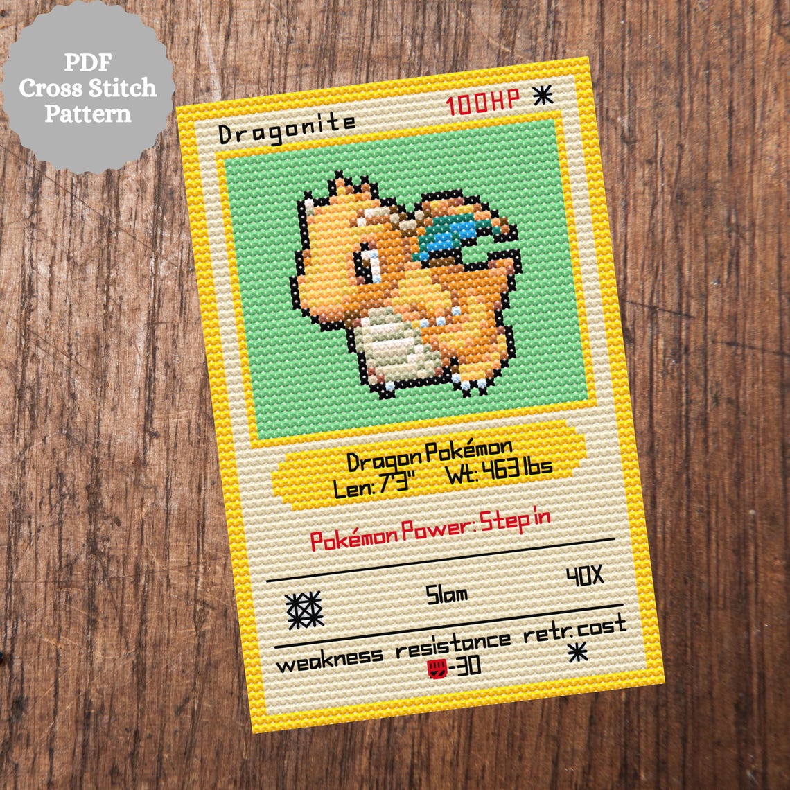 Dragonite Card Cross Stitch Pattern. Geeky Cross Stitch Pattern. 8-bit ...
