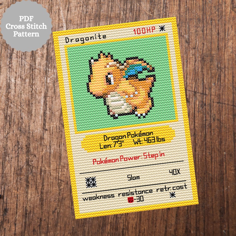 Dragonite Card Cross Stitch Pattern. Geeky Cross Stitch Pattern. 8-bit ...