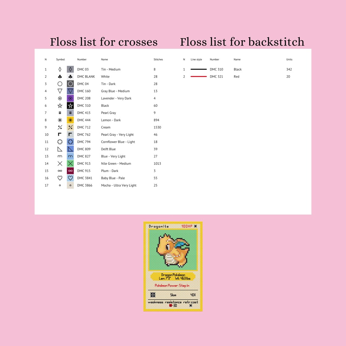 Dragonite Card Cross Stitch Pattern. Geeky Cross Stitch Pattern. 8-bit ...