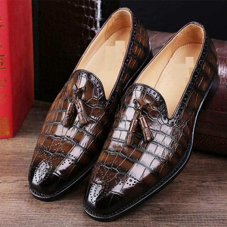 Handmade Brown Color Alligator Textured Genuine Leather Stylish Tussled ...