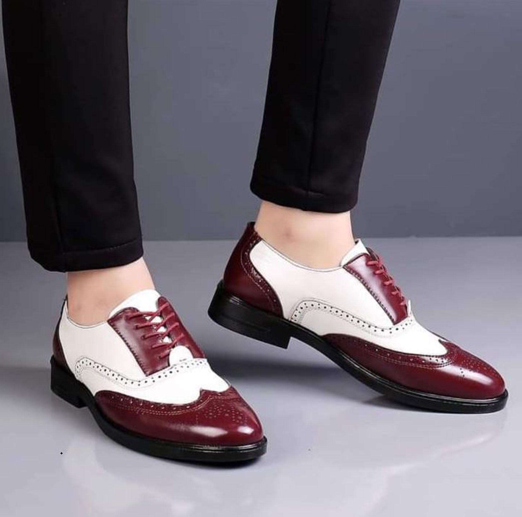 Handmade White & Burgundy Color Original Leather Stylish Wing Tip Lace ...