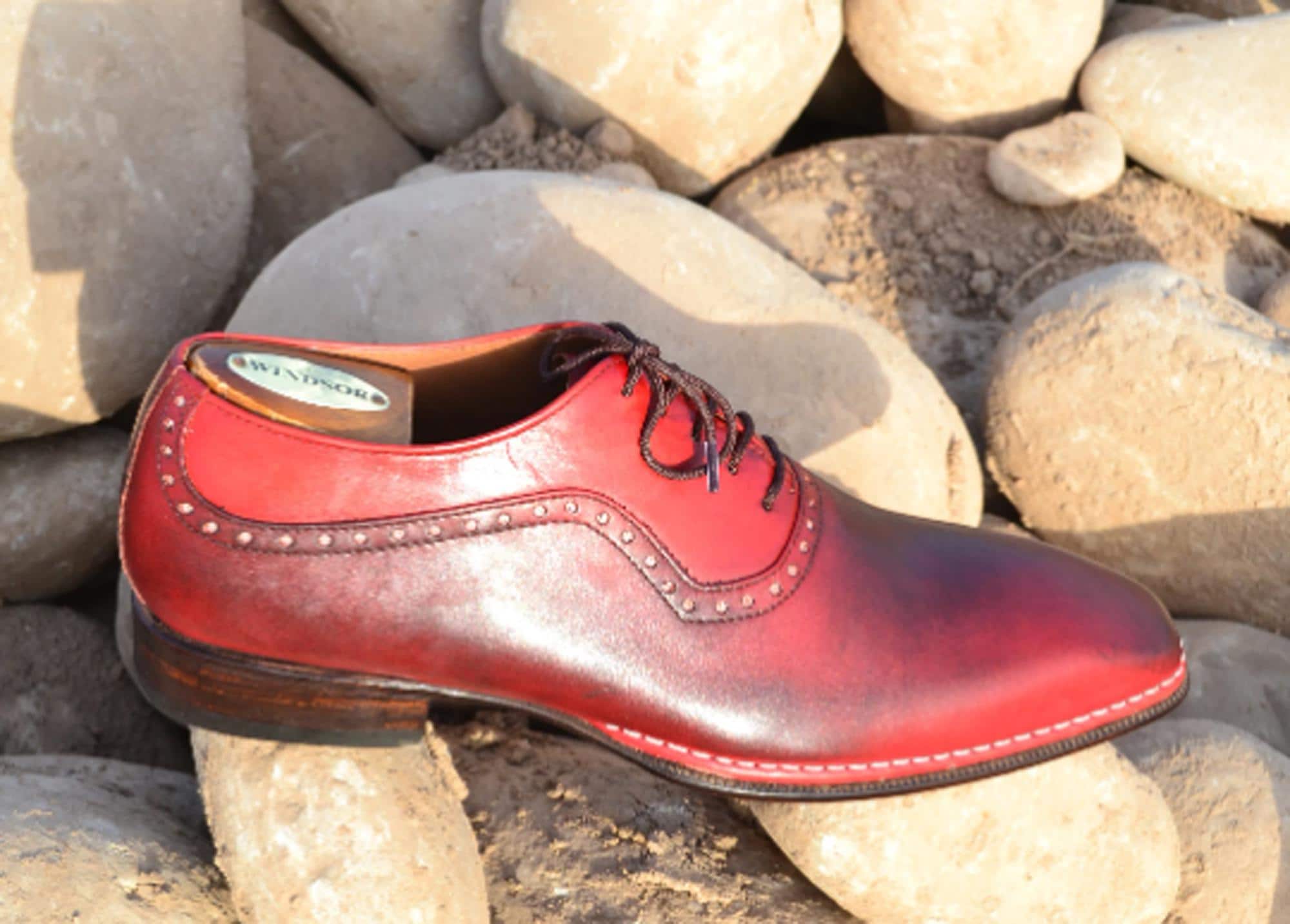 Handmade Red & Burgundy Color Original Calf Leather Stylish Lace up ...