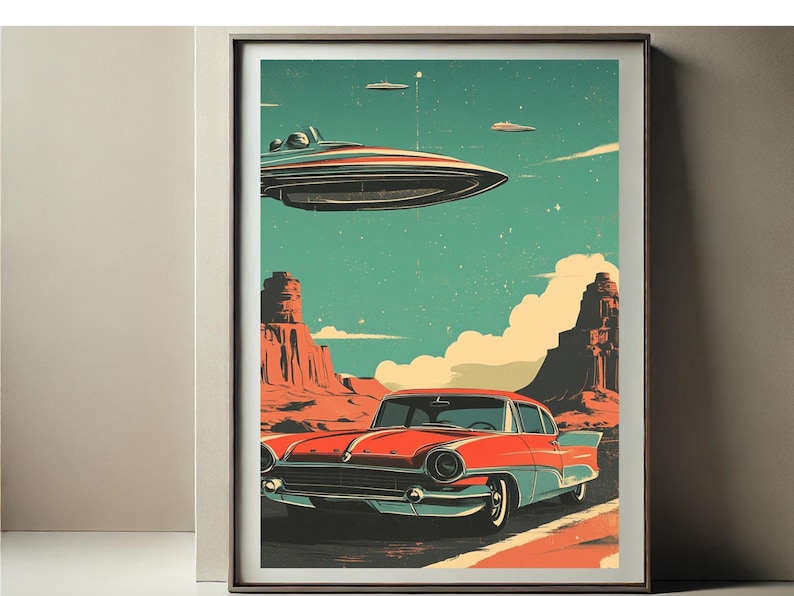 Retro Futuristic Car UFO Art Print Vintage Sci-fi Poster Mid Century ...