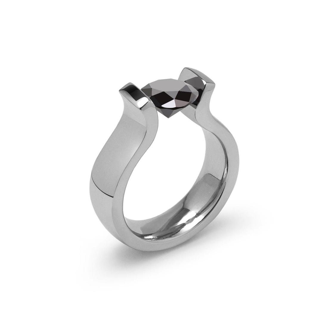 LYRE Shaped Ring With Tension Set Black Diamond in Stainless Steel by ...