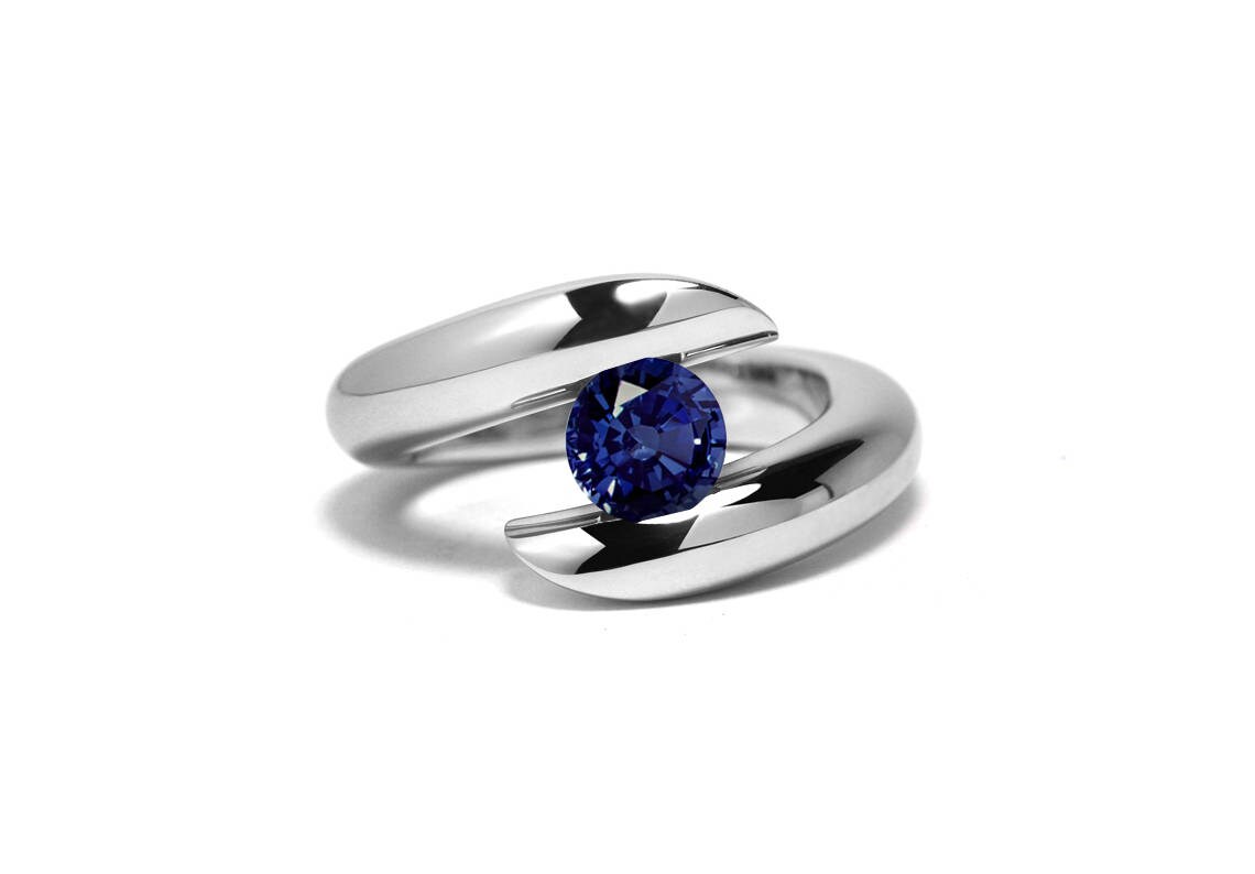 Blue Sapphire Ring Two Tone Tension Set Mounting in Stainless Steel