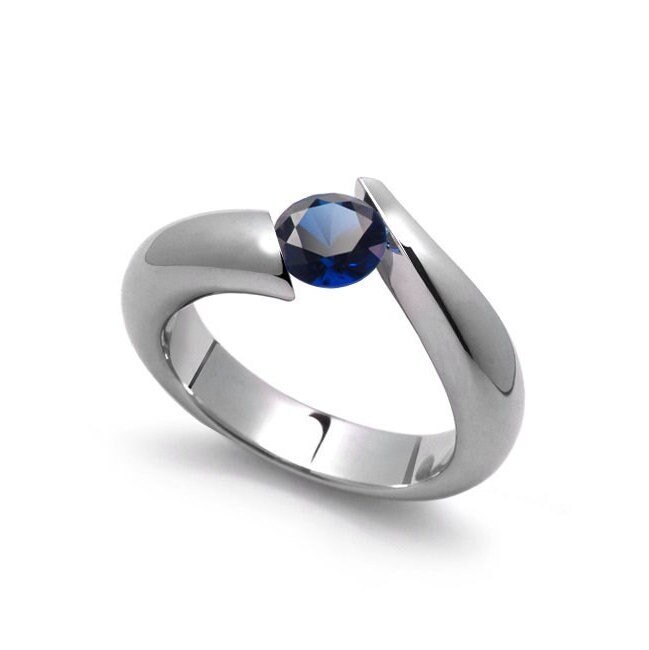 1ct Bypass Blue Sapphire Tension Set Ring in Two Tone Stainless Steel ...
