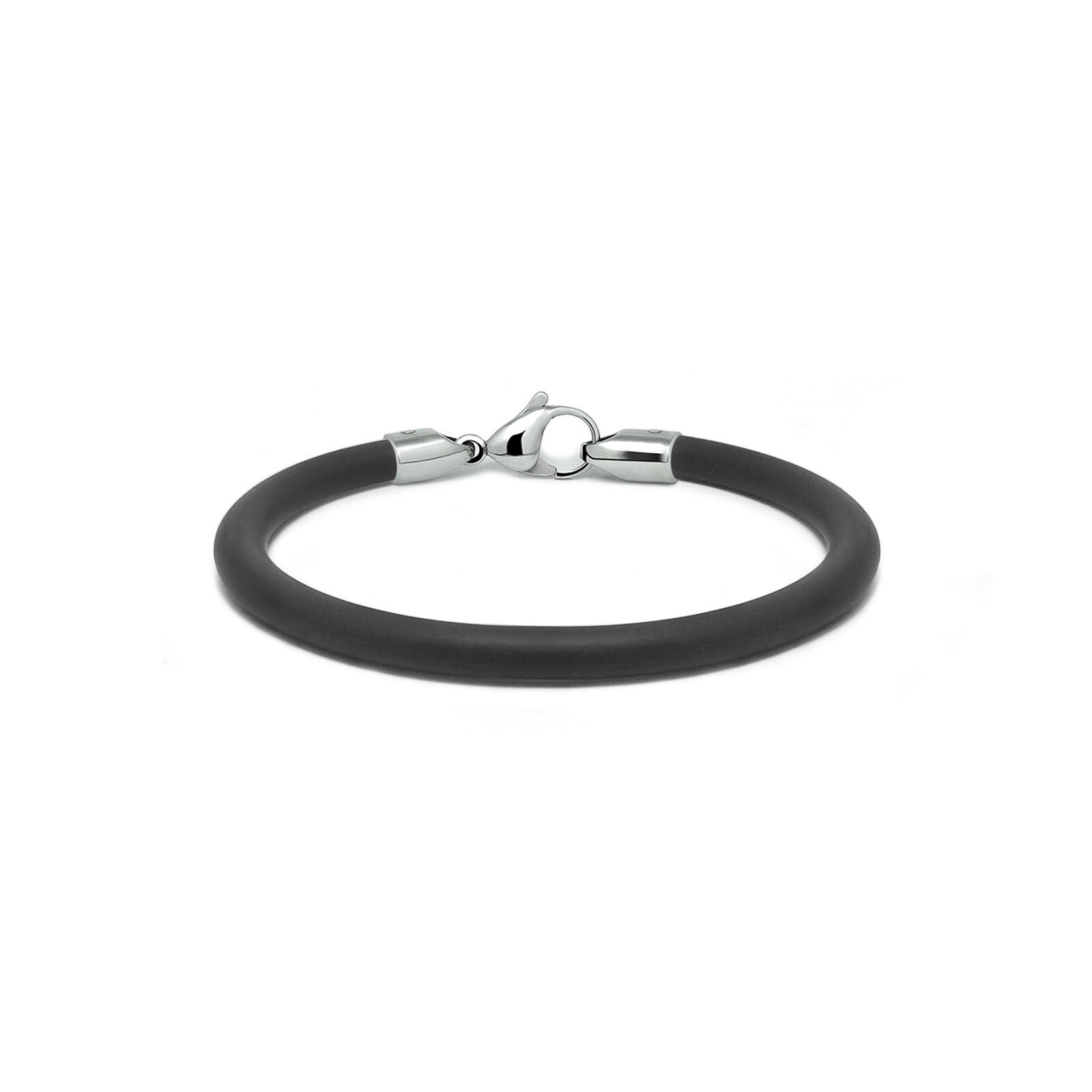 Tubular 4mm black rubber bracelet with lobster clasp in stainless steel ...