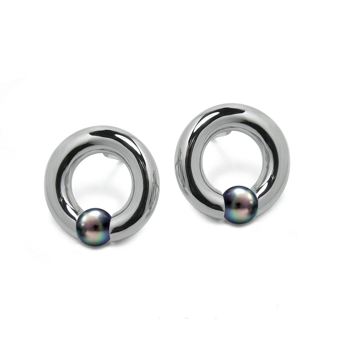 O-ring Tension Set Black Pearl Stud Earrings | High-end Stainless Steel ...