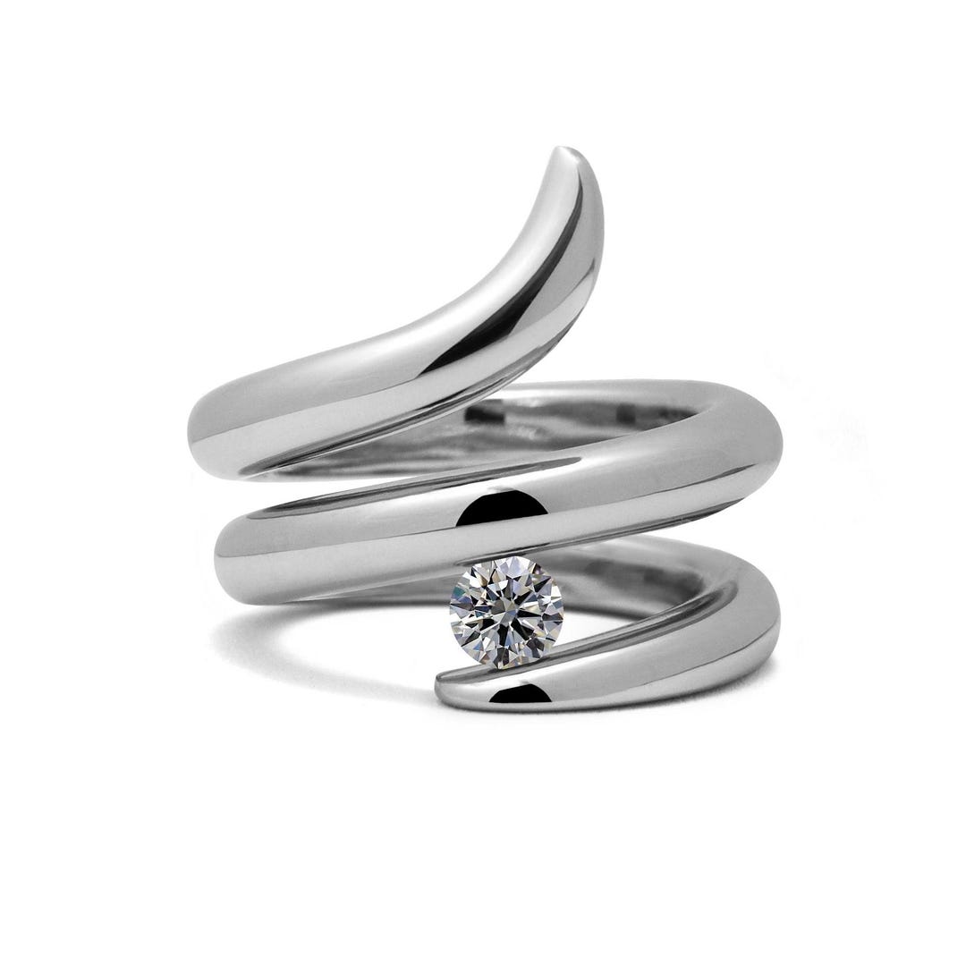 ONDE Double Bypass Swirl Ring | Tension Set White Sapphires | Stainless ...