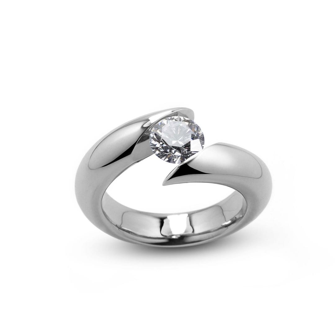 ONDE Bypass Ring With Tension Set White Sapphire in Stainless Steel by ...