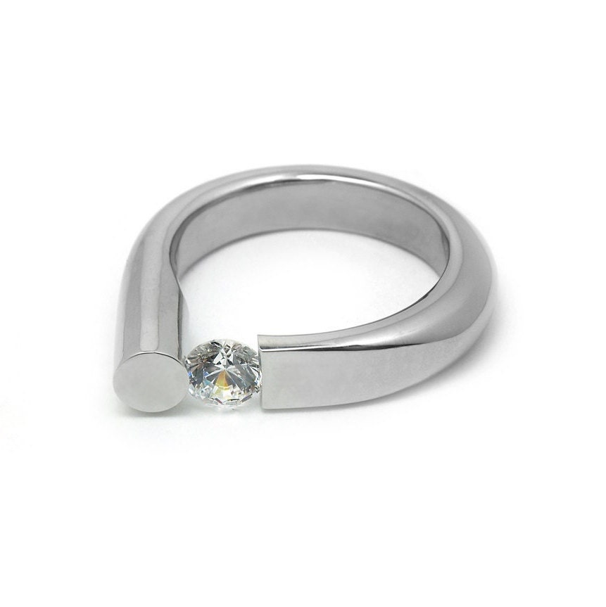 0.75 White Sapphire Ring Tension Set in Stainless Steel by Taormina Jewelry
