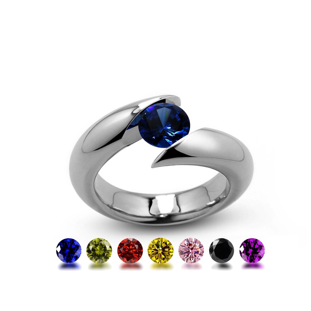 ONDE Bypass Ring With Tension Set Colored Gemstones in Stainless Steel ...