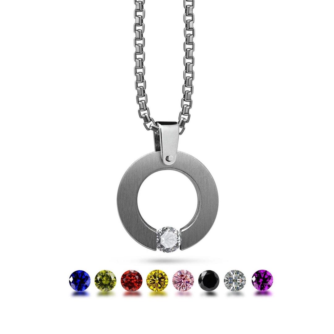ABBRACCI Flat Round Pendant With Tension Set Gemstone in Stainless ...