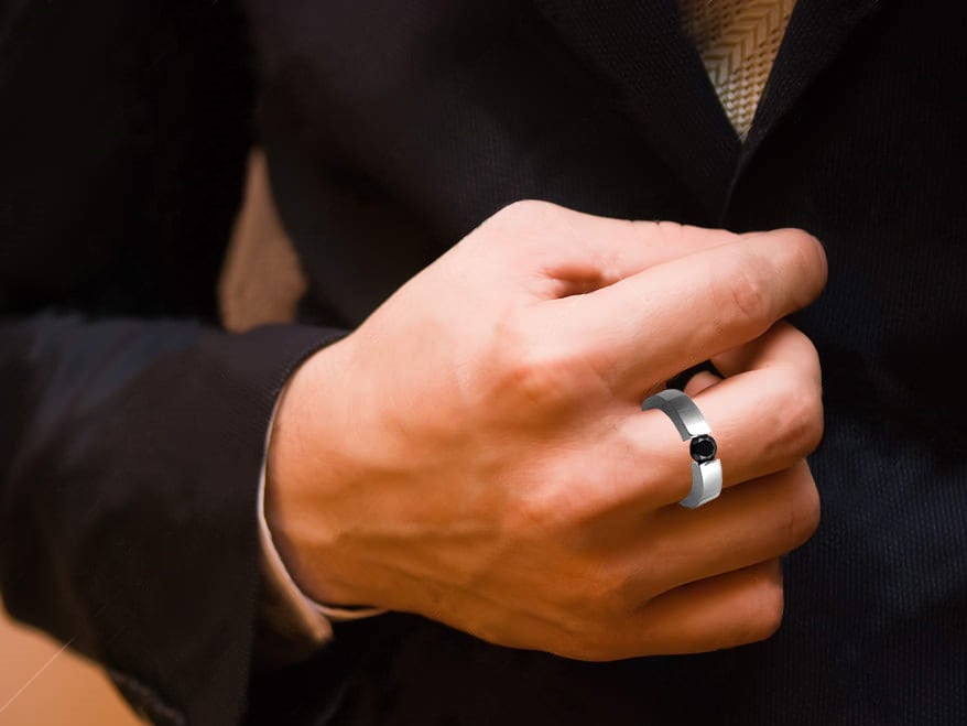 Mens Black Diamond Ring Tension Set Design Stainless Steel