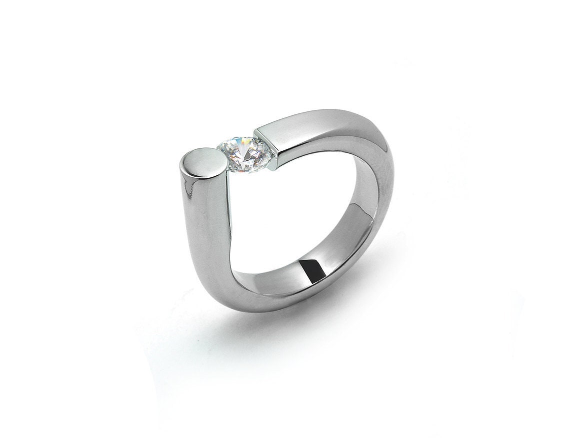 0.75 White Sapphire Ring Tension Set in Stainless Steel by Taormina Jewelry